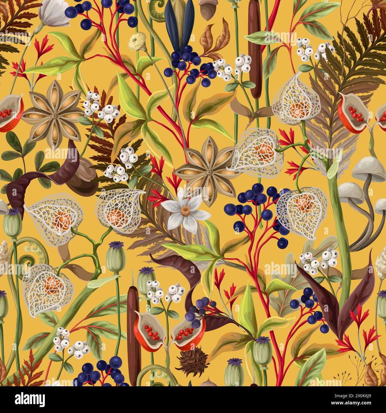 Seamless pattern with autumn leaves, berries and seeds. Vector Stock ...
