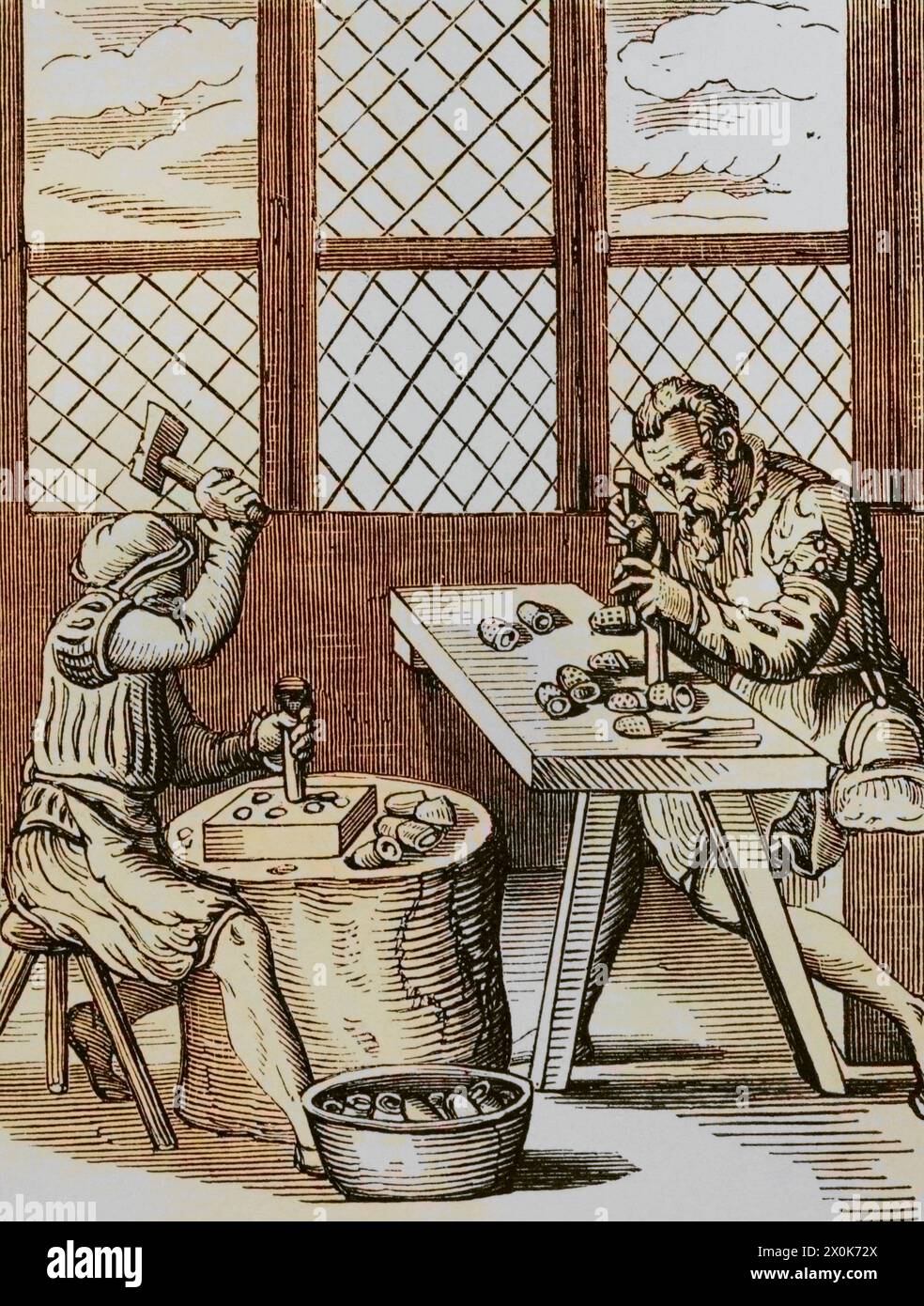 Thimble maker. Reproduction of a 16th-century engraving by Jost Amman ...