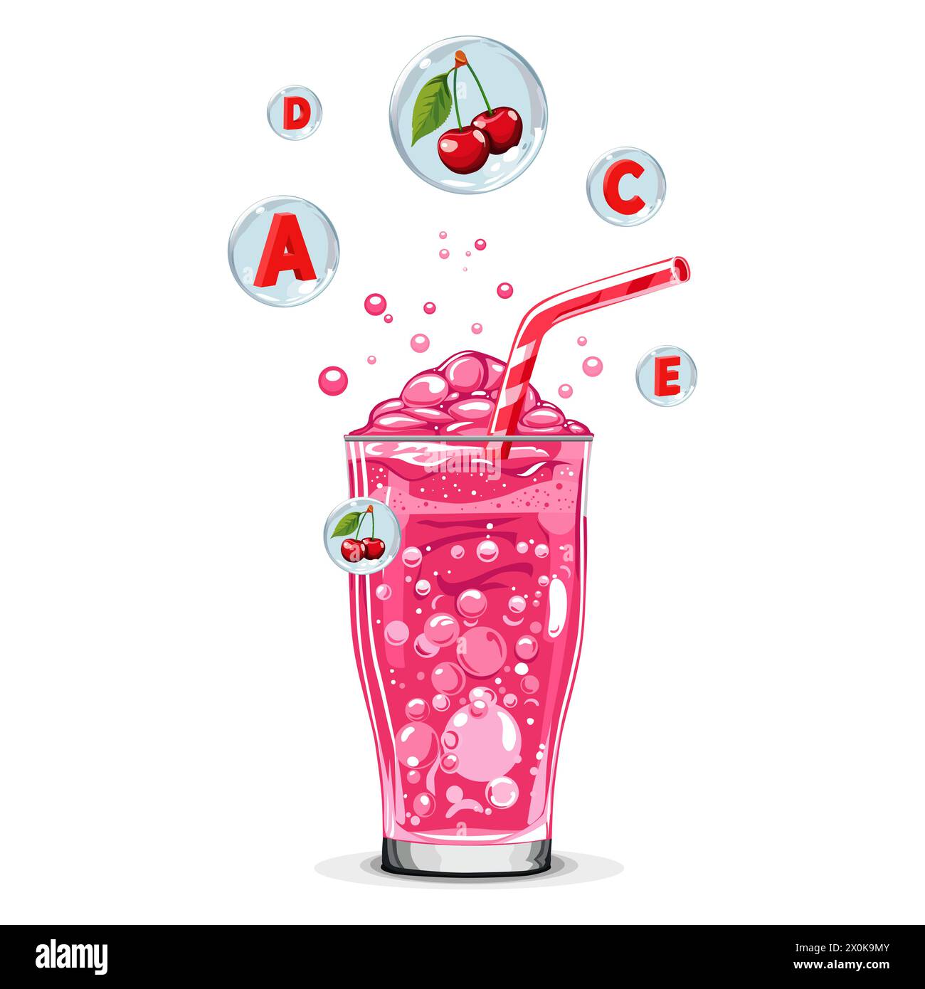 Healthy pink cherry oxygen cocktail with air bubbles. Isolated vector ...