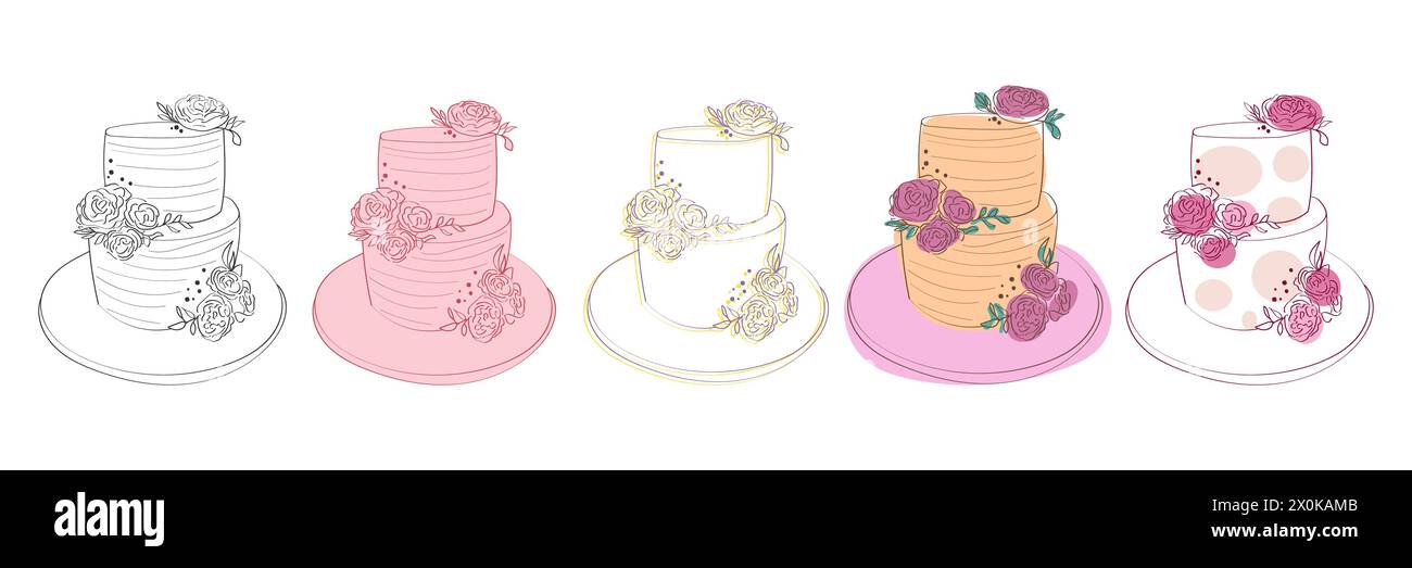 A detailed drawing of a row of elegant wedding cakes. Each cake is ...