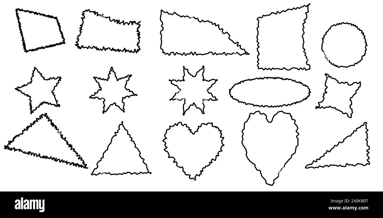 Line jagged form, hearts, stars, triangle in black color vector Stock ...