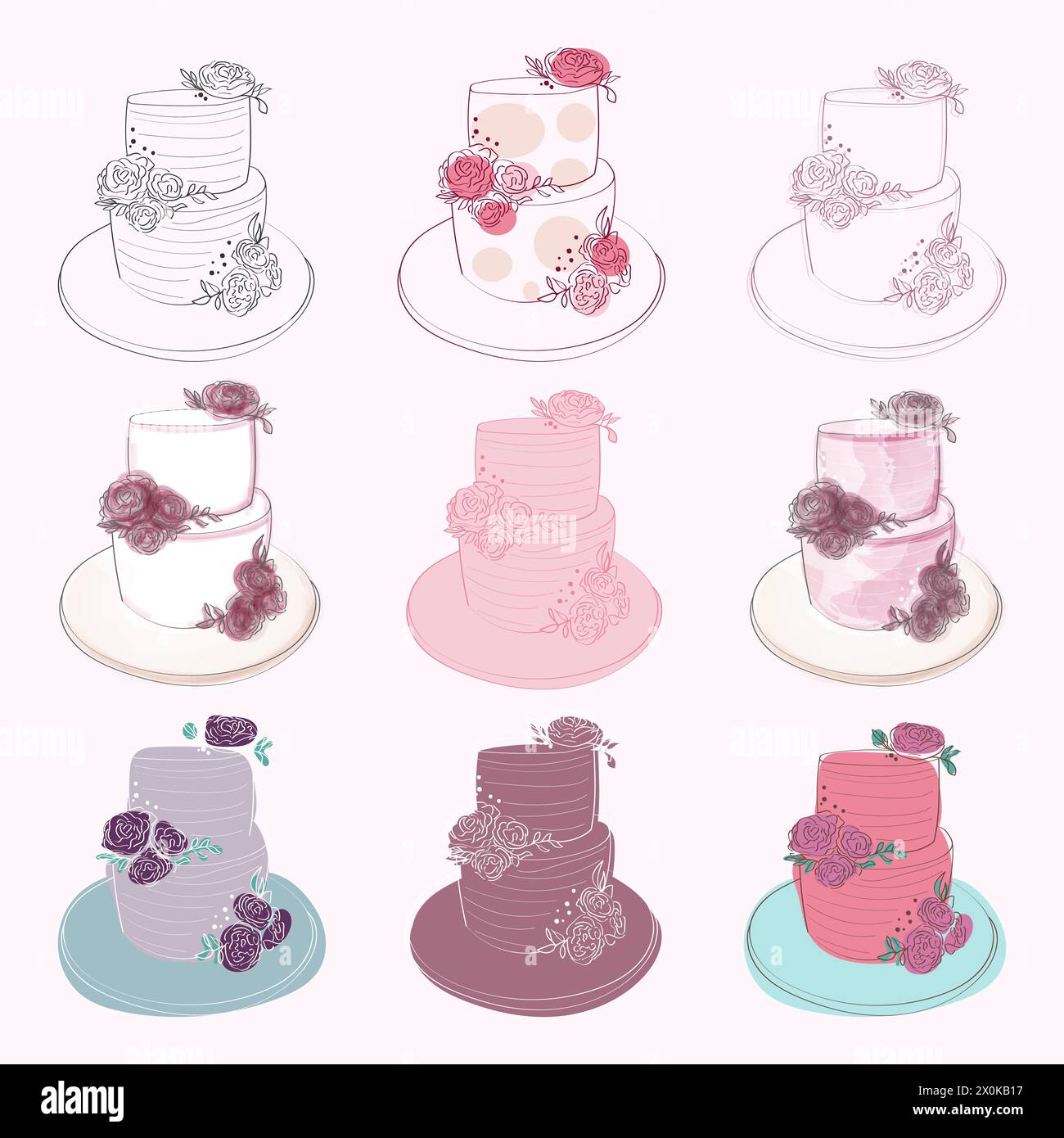 A variety of different types of cakes are displayed on plates. Each ...