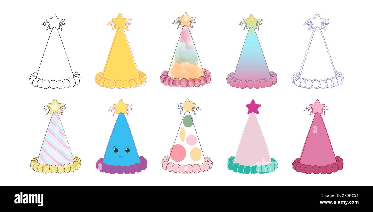 A collection of vibrant party hats adorned with whimsical stars. The ...