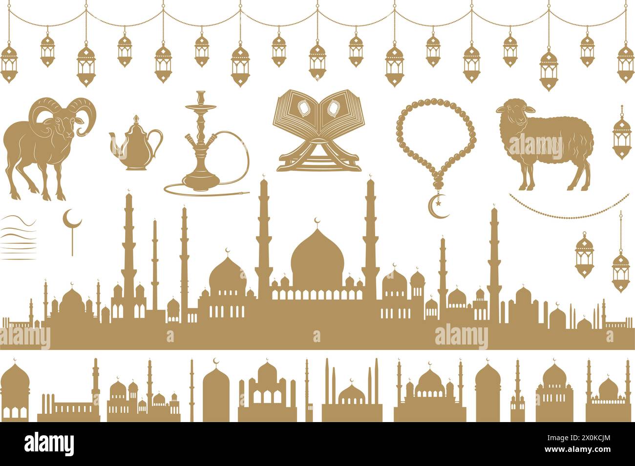 Gold Arabic elements for Islamic holidays Ramadan, Eid Al-Adha, Eid ...