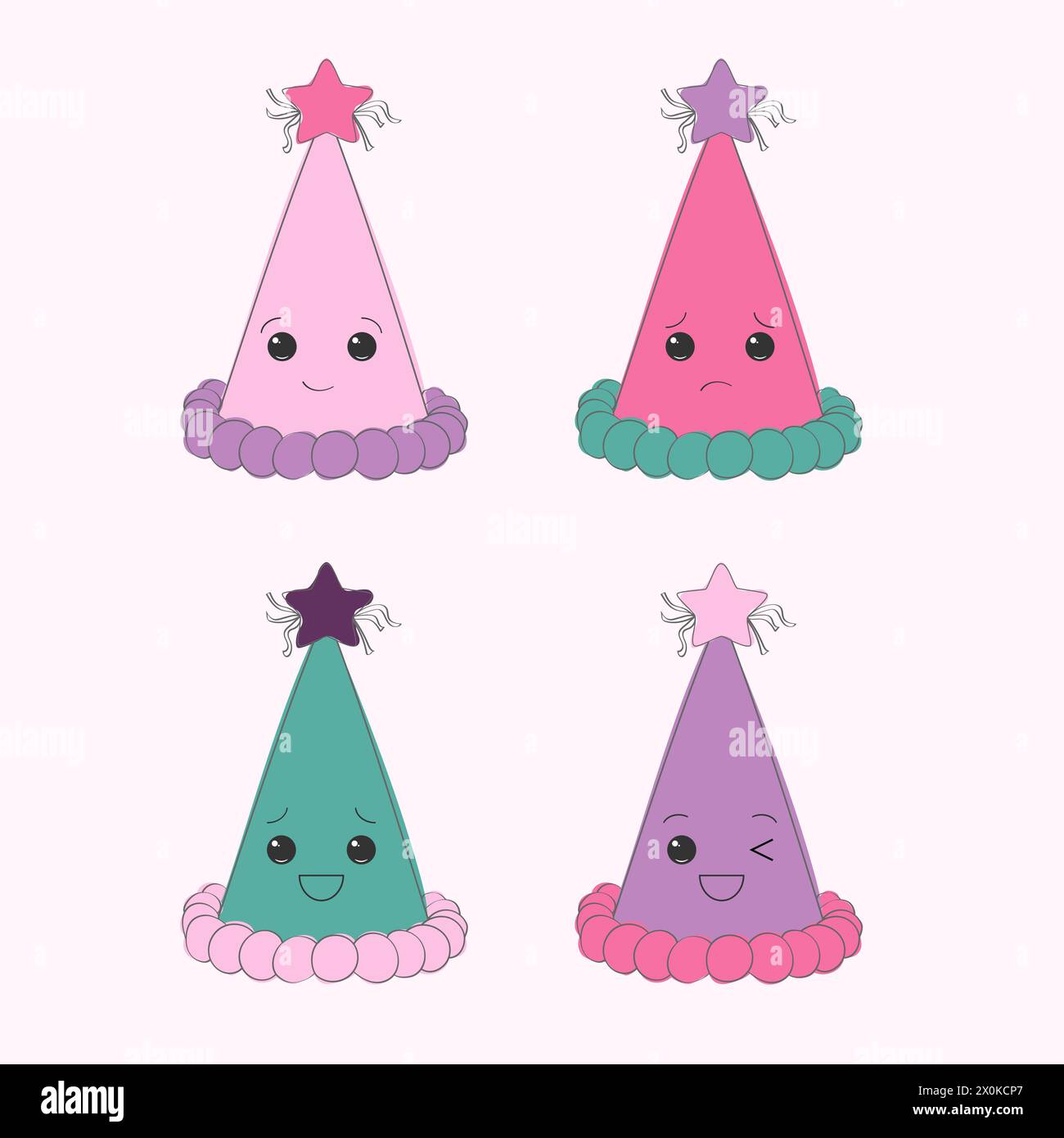 A set of four colorful party hats, each adorned with a unique facial ...
