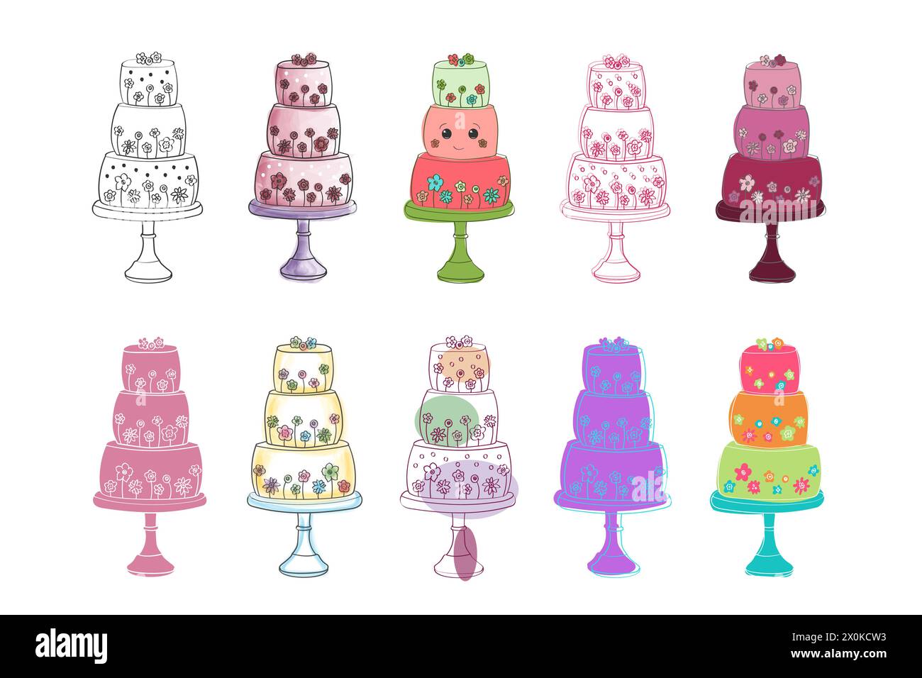 A variety of differently colored cakes is arranged neatly on a plain ...