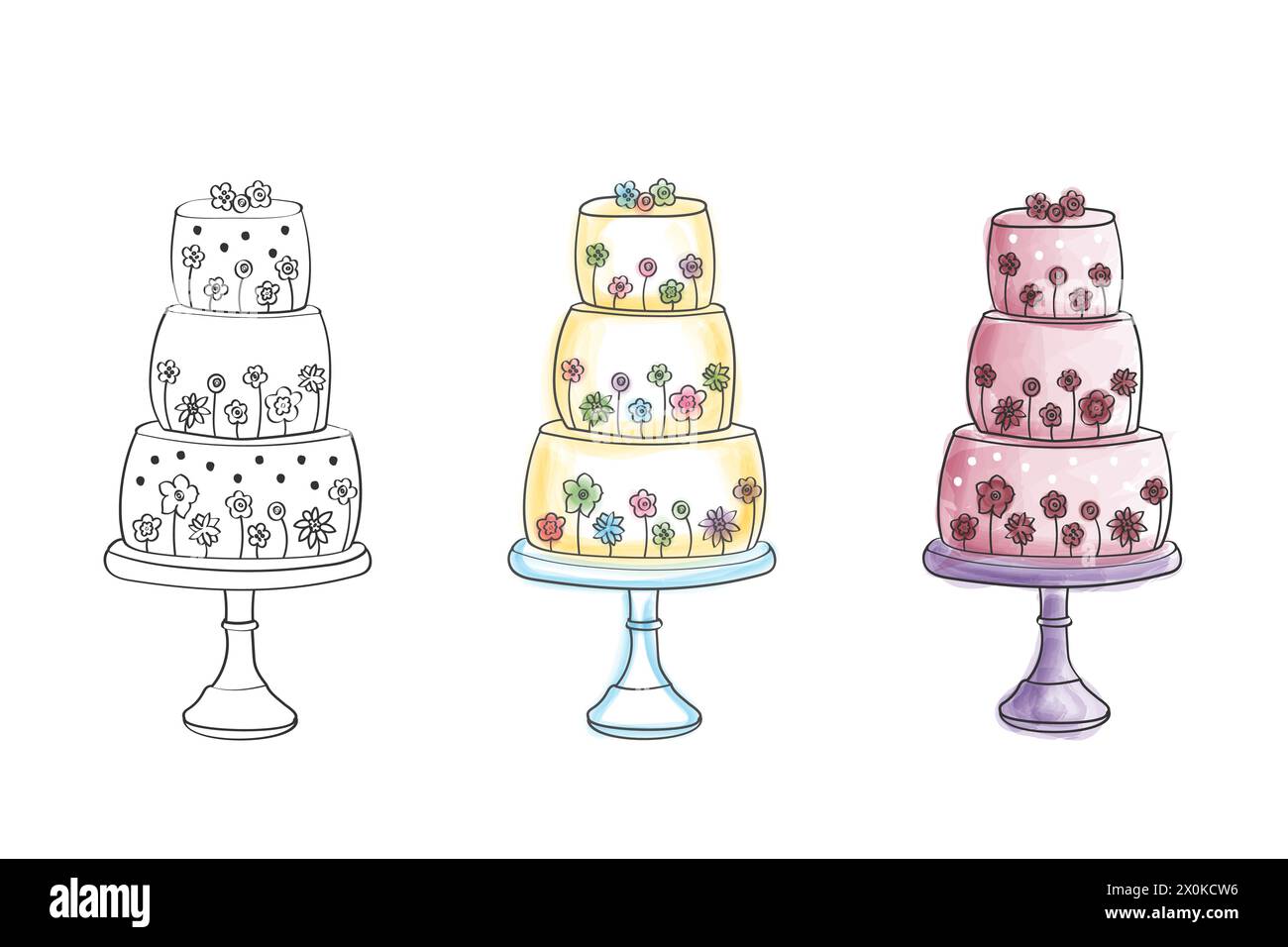 A drawing featuring three distinct types of cakes, each showcasing ...