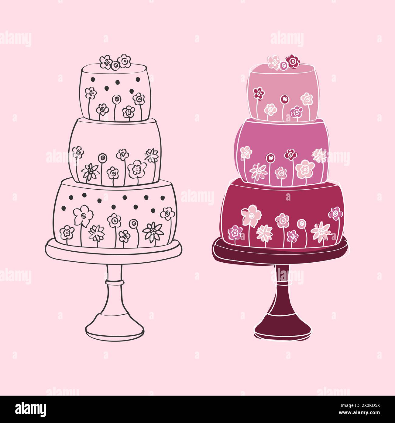 A detailed drawing of a three-tiered cake with intricate decorations ...