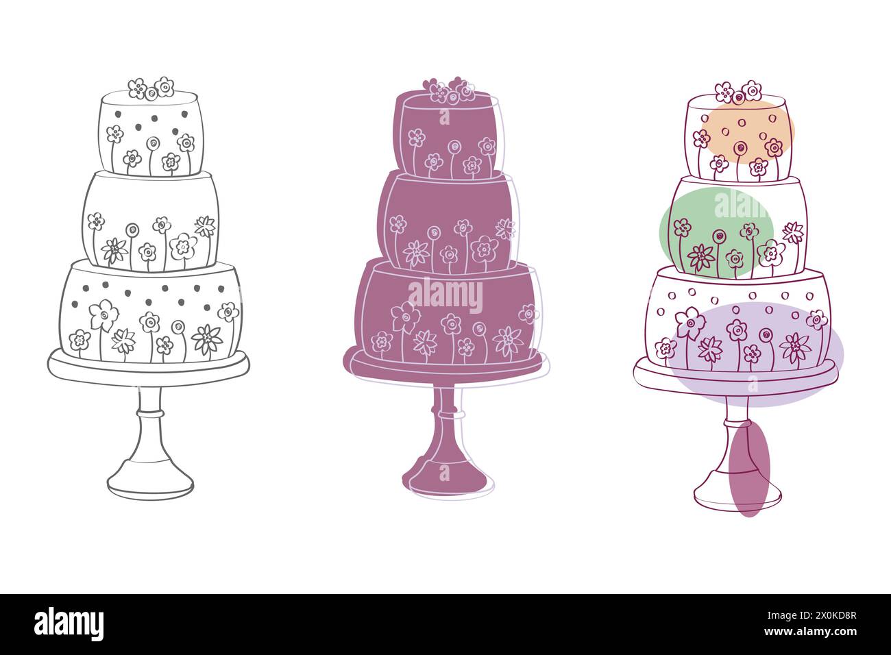 The drawing depicts a detailed three-tiered cake with intricate ...