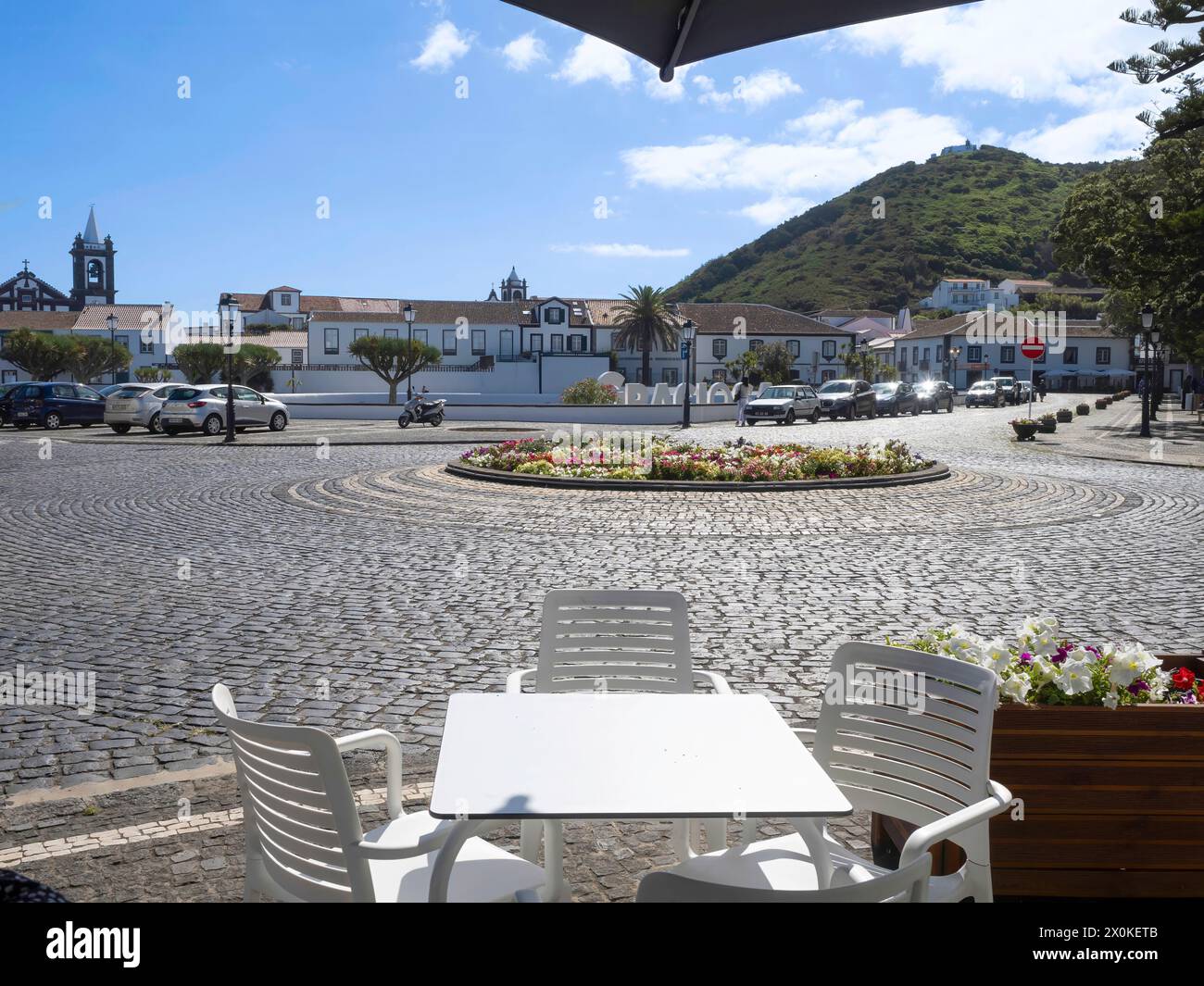 Azores, island of Graciosa, view of town center from Grafil Coffee Bar ...