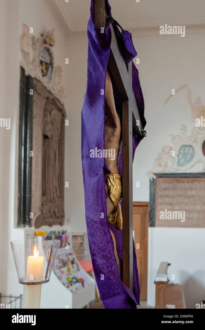 Church, interior, Easter, crucifix, purple cloth, Baumburg Abbey Church ...