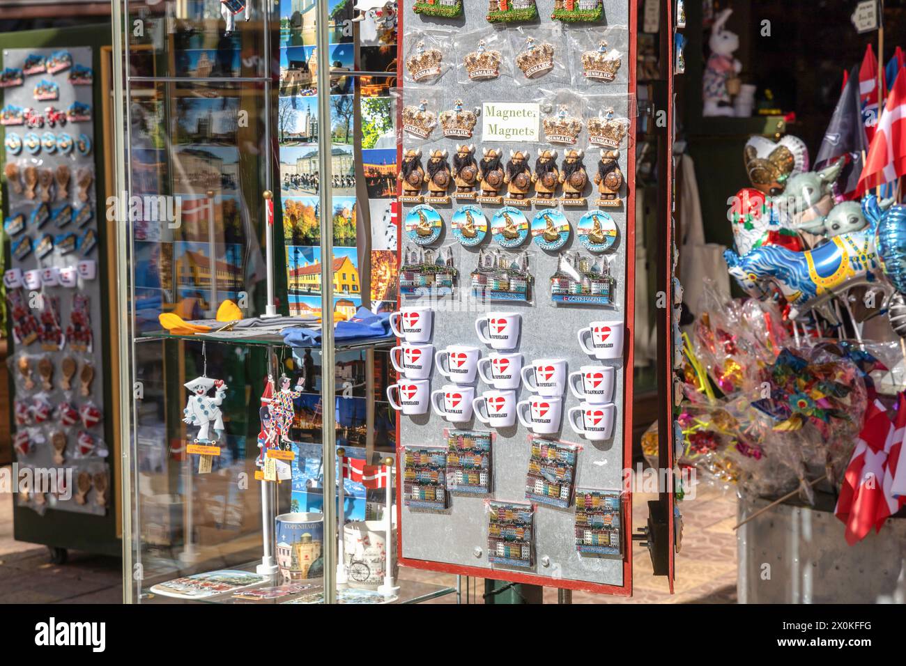 Souvenir shop for tourists in Copenhagen with symbols of Denmark ...