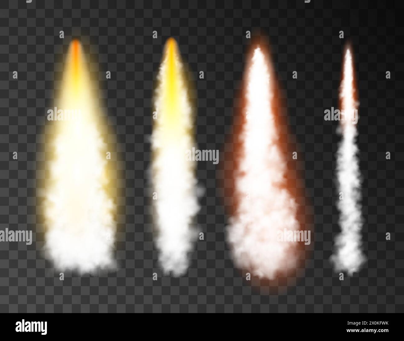 Rocket fire 3d smoke isolated jet effect flame. Rocket launch smoke plane space vector air ...