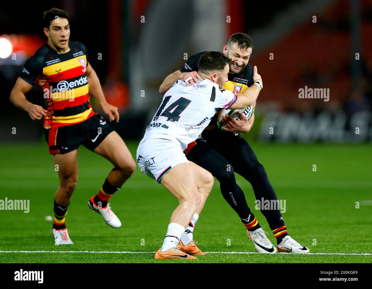 Gloucester's Jonny May is tackled by Ospreys' Luke Morgan during the ...