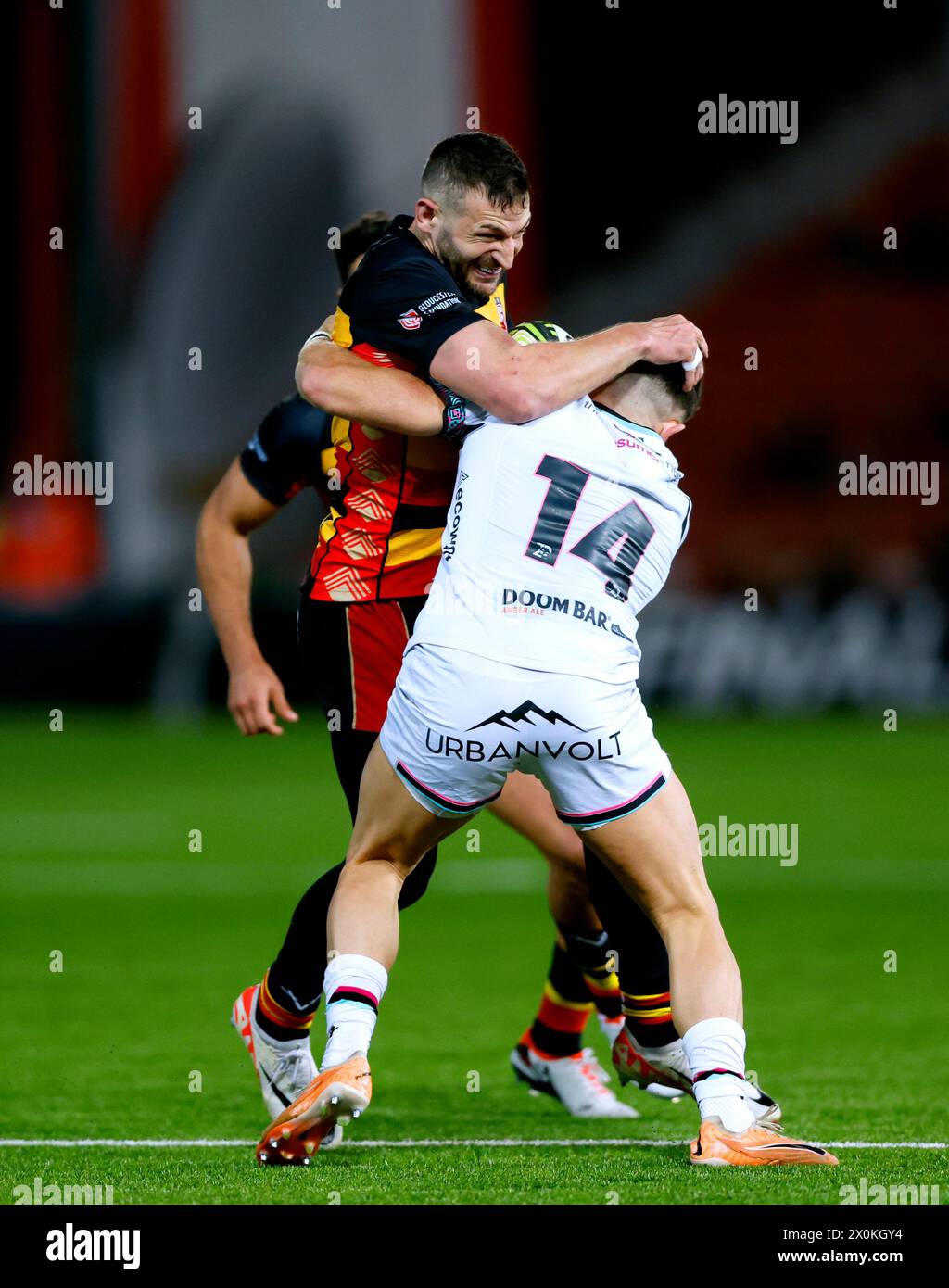 Gloucester's Jonny May is tackled by Ospreys' Luke Morgan during the ...