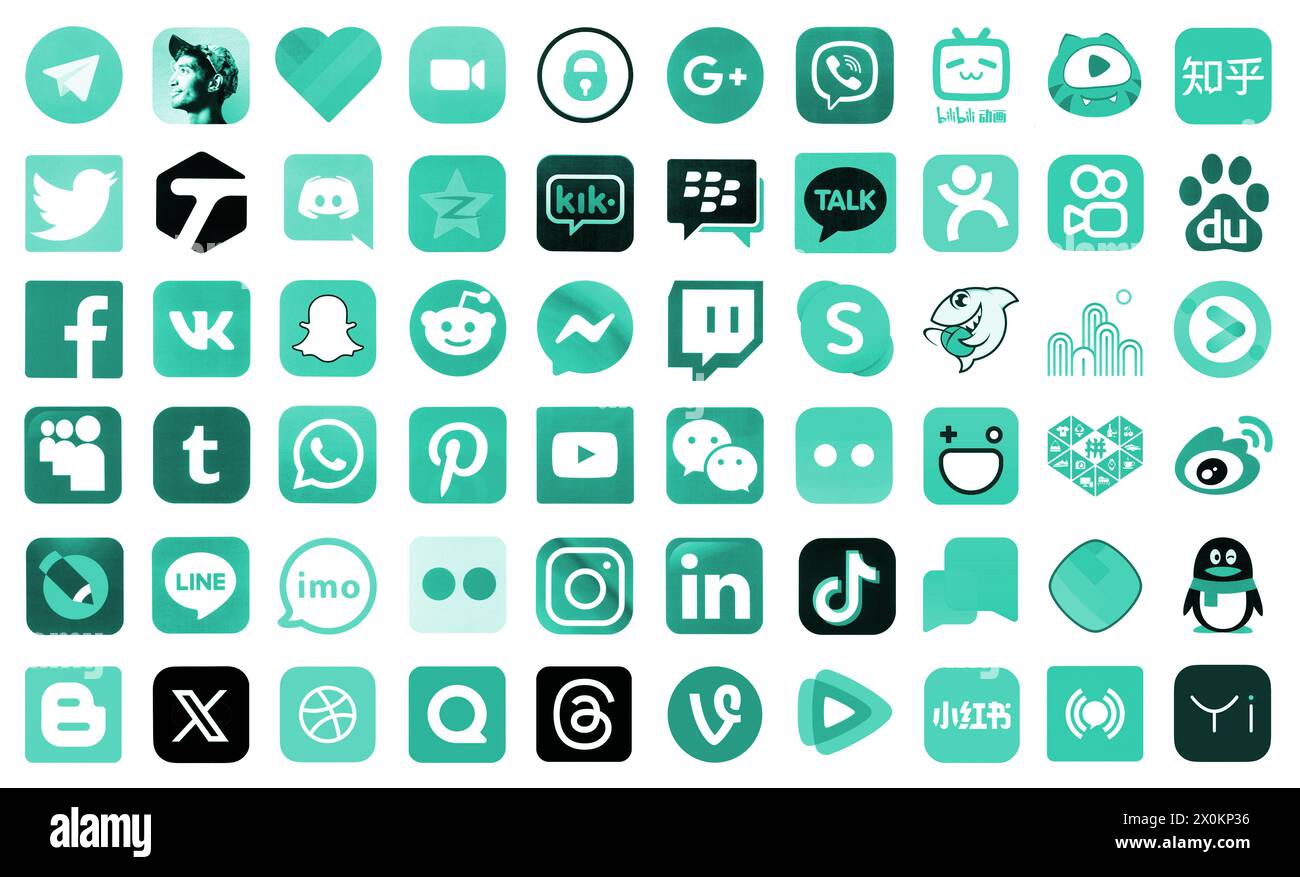 KYIV, UKRAINE - APRIL 1, 2024 Many icons of social media, messengers ...
