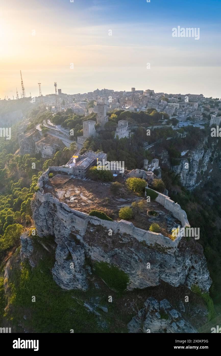 Aerial view of the village and castles of Erice. Erice, Trapani ...