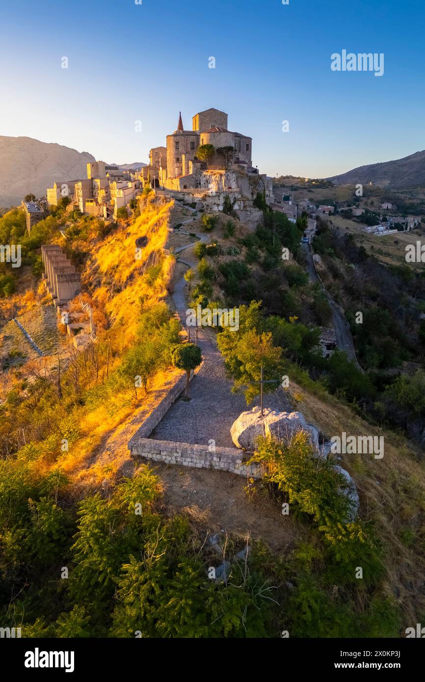 Aerial view of the ancient town of Petralia Soprana, built on a cliff ...