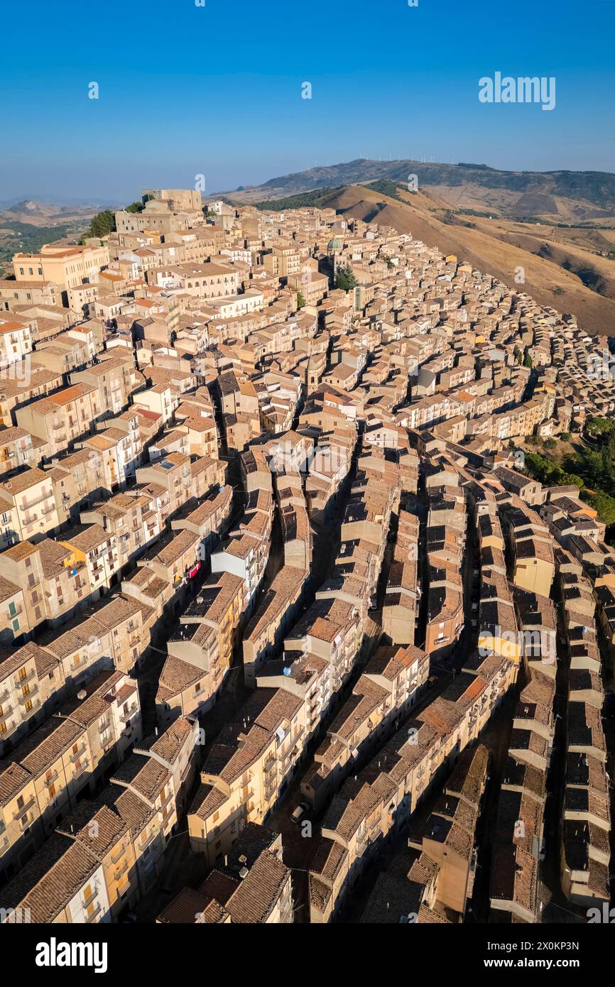 Aerial view of the ancient town of Gangi with its labyrinthic streets ...
