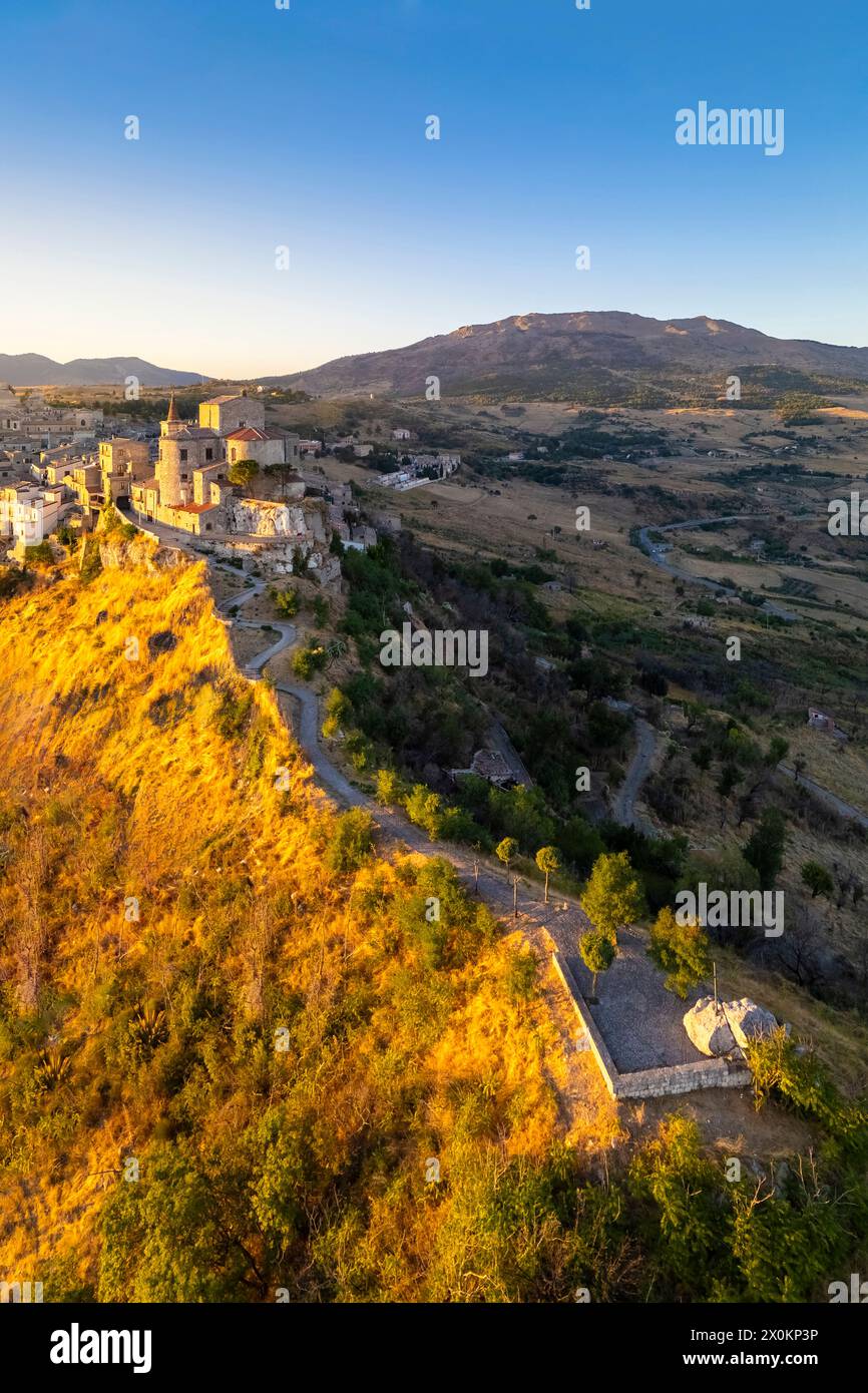 Aerial view of the ancient town of Petralia Soprana, built on a cliff ...