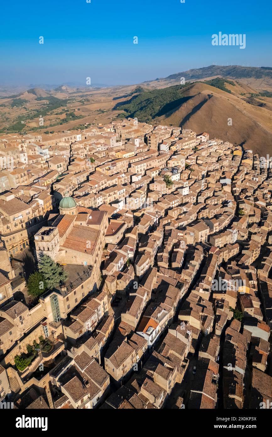Aerial view of the ancient town of Gangi with its labyrinthic streets ...