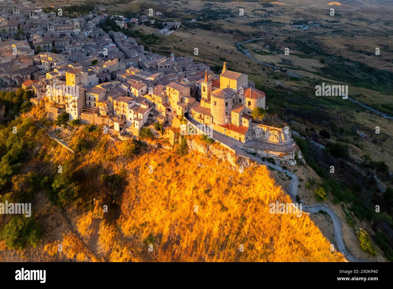 Aerial view of the ancient town of Petralia Soprana, built on a cliff ...