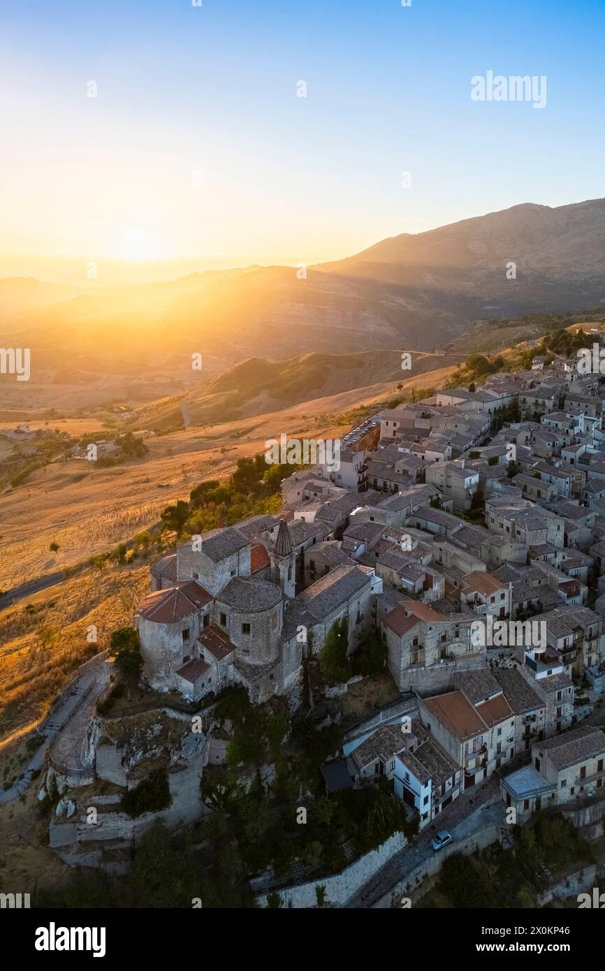Aerial view of the ancient town of Petralia Soprana, built on a cliff ...