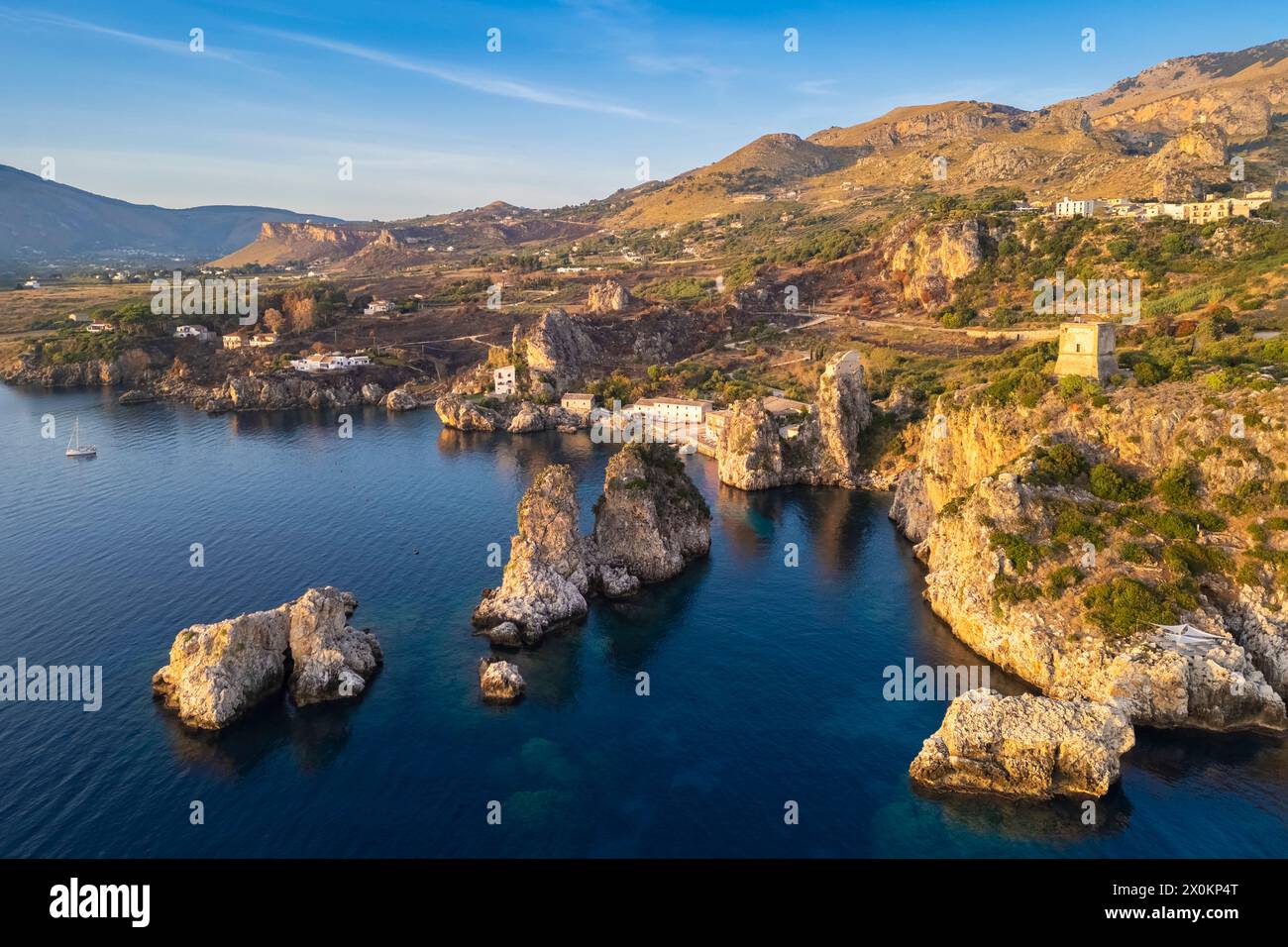 Aerial view of the famous old tonnara and stacks of Scopello ...