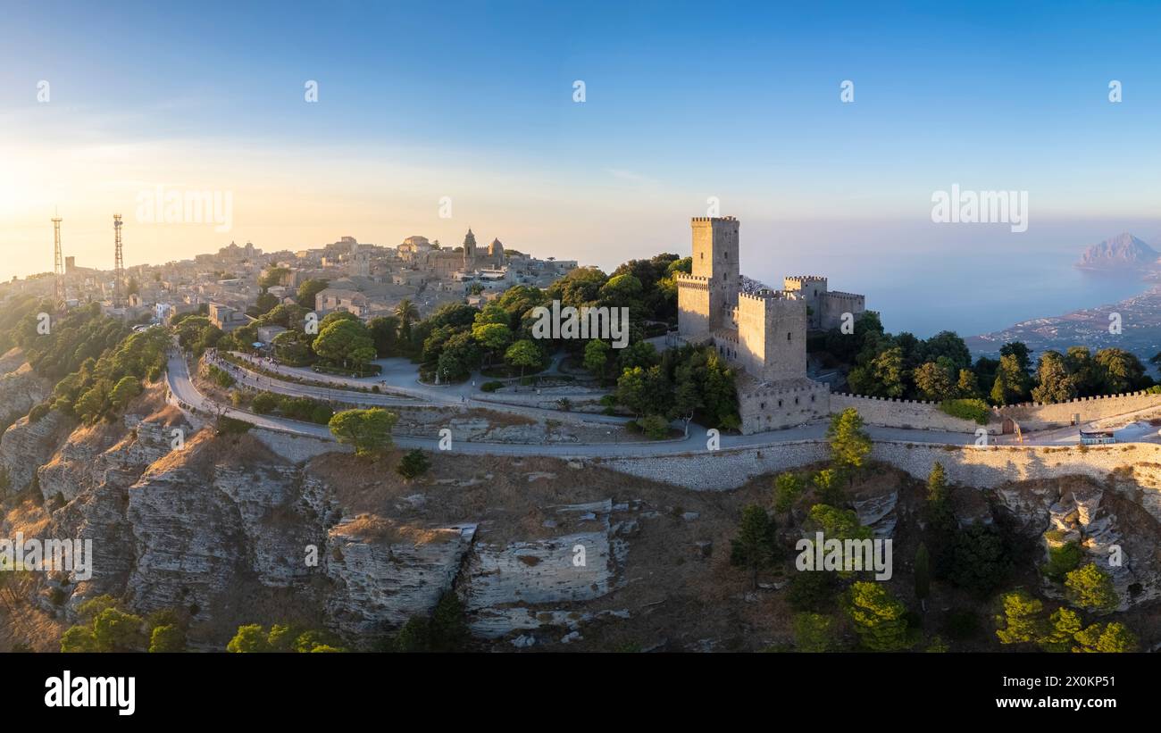 Aerial view of the village and castle of Erice towards Monte Cofano ...