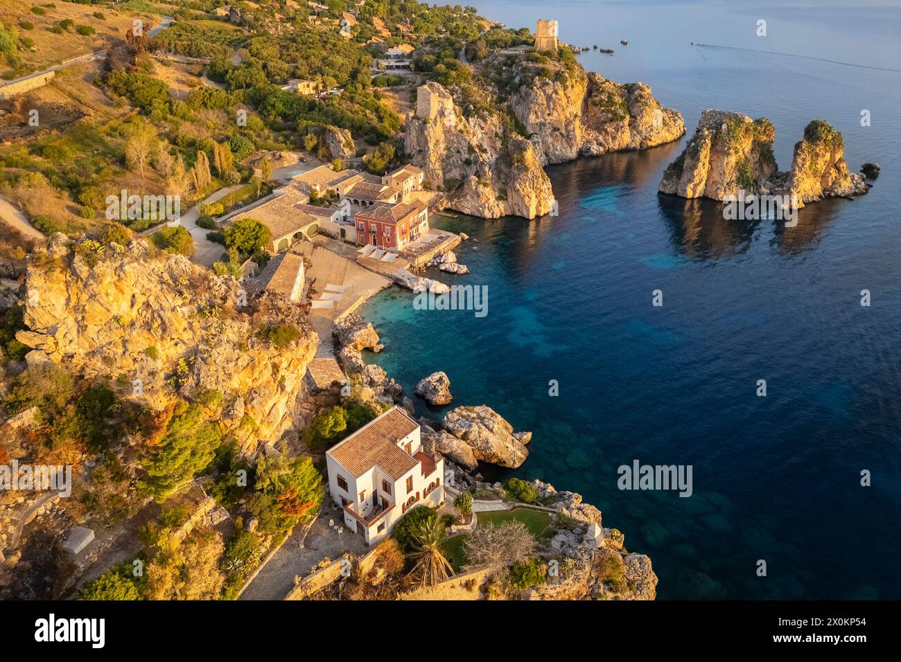 Aerial view of the famous old tonnara and stacks of Scopello ...