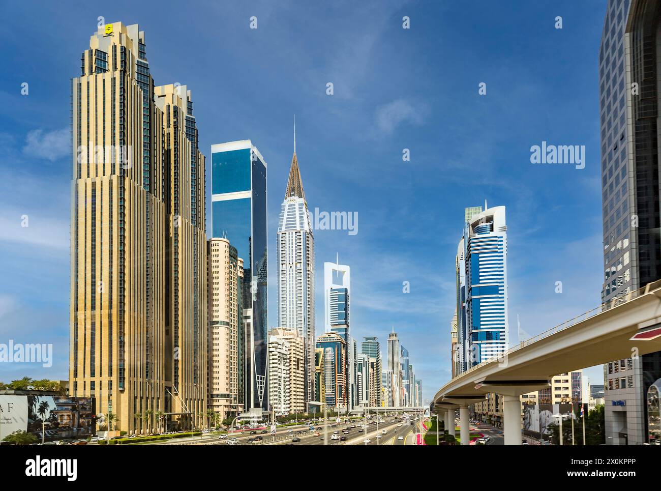 Sheikh Zayed Road, Metro line and skyscrapers, Skyline, Dubai, United ...