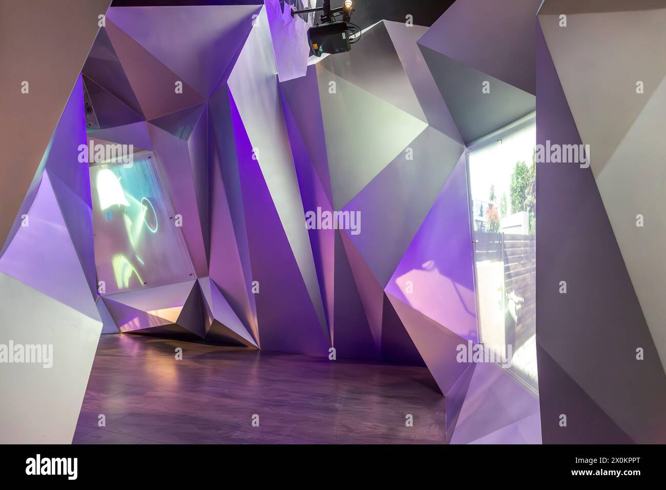 Modern colored lighting and shapes in the exit area, Dubai Frame, Dubai ...