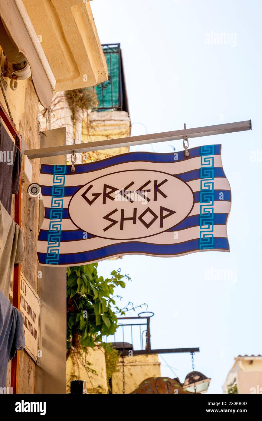 Souvenir store, sign, town, old town, Crete, Kriti, Rethymnon, North ...