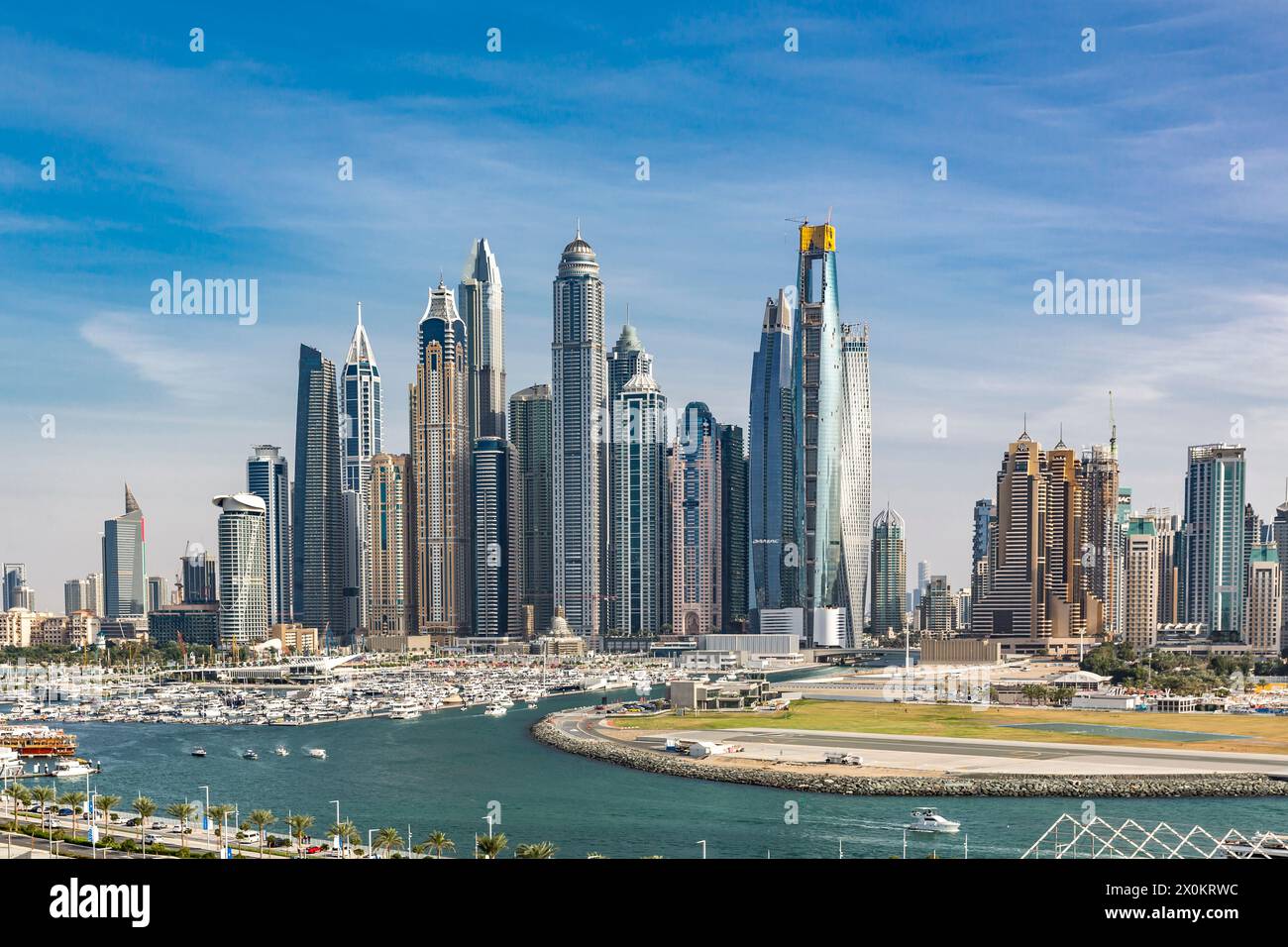 View of harbor and Dubai Marina with skyscrapers, Dubai Harbour, Palm ...
