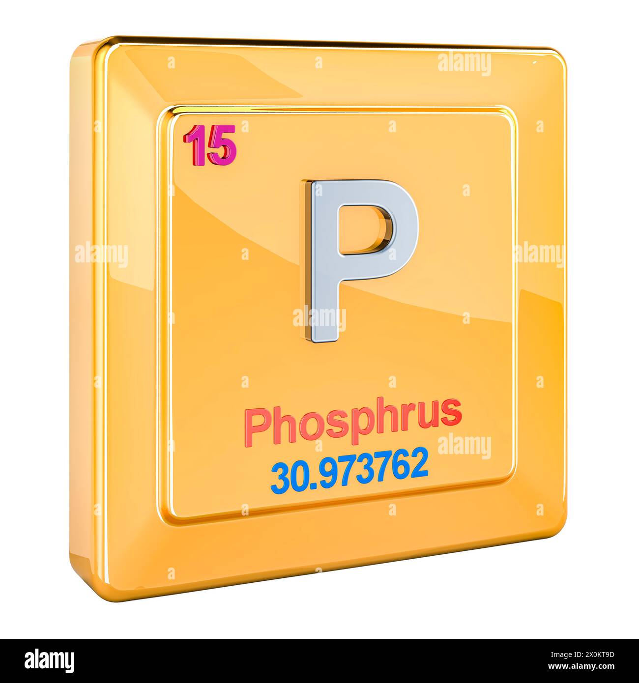 Phosphorus P, chemical element sign with number 15 in periodic table. 3D rendering isolated on ...