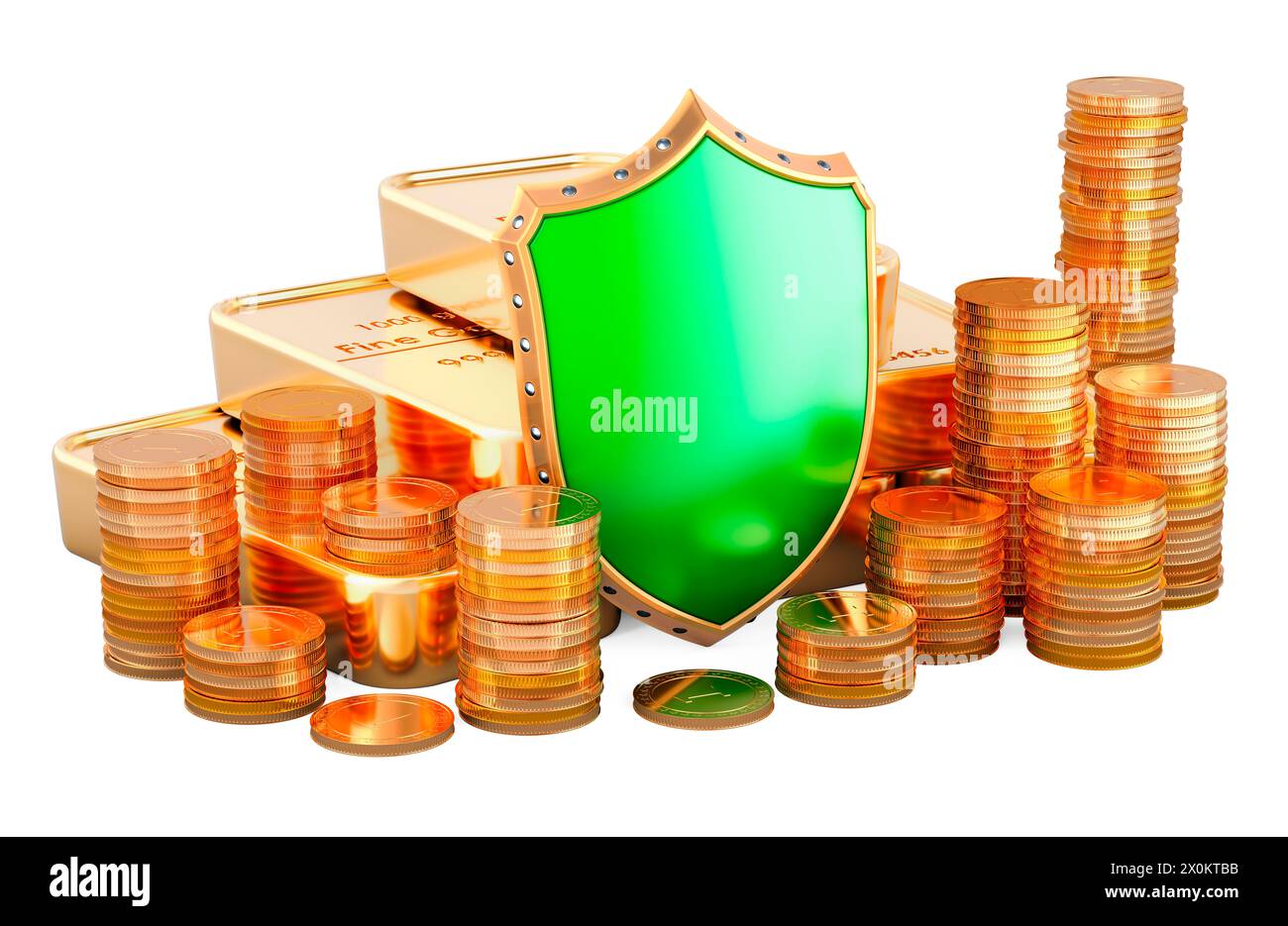 Golden coins and gold ingots with shield. 3D rendering isolated on ...