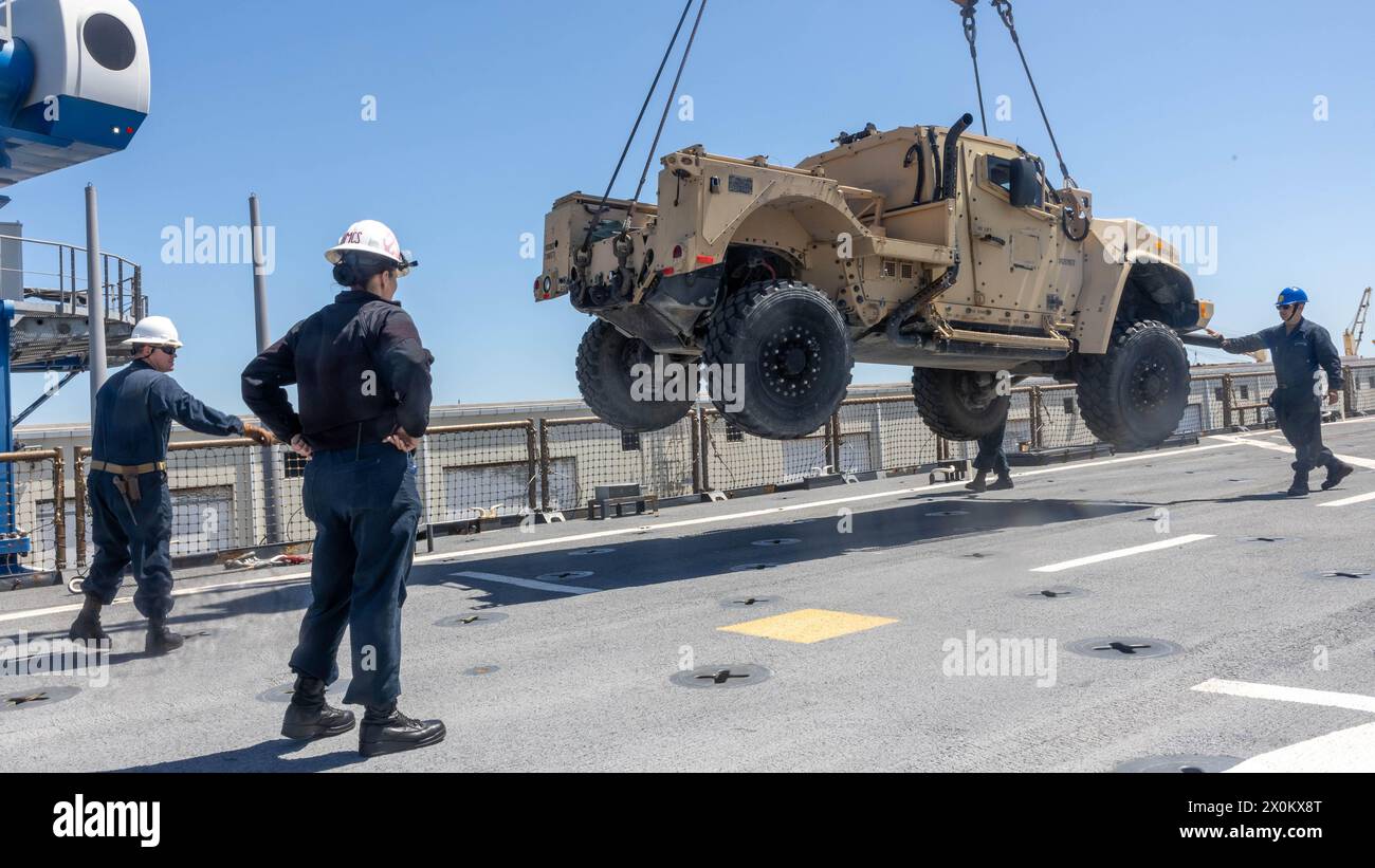 MOREHEAD CITY, N.C. (April 8, 2024) Sailors maneuver a Joint Light ...