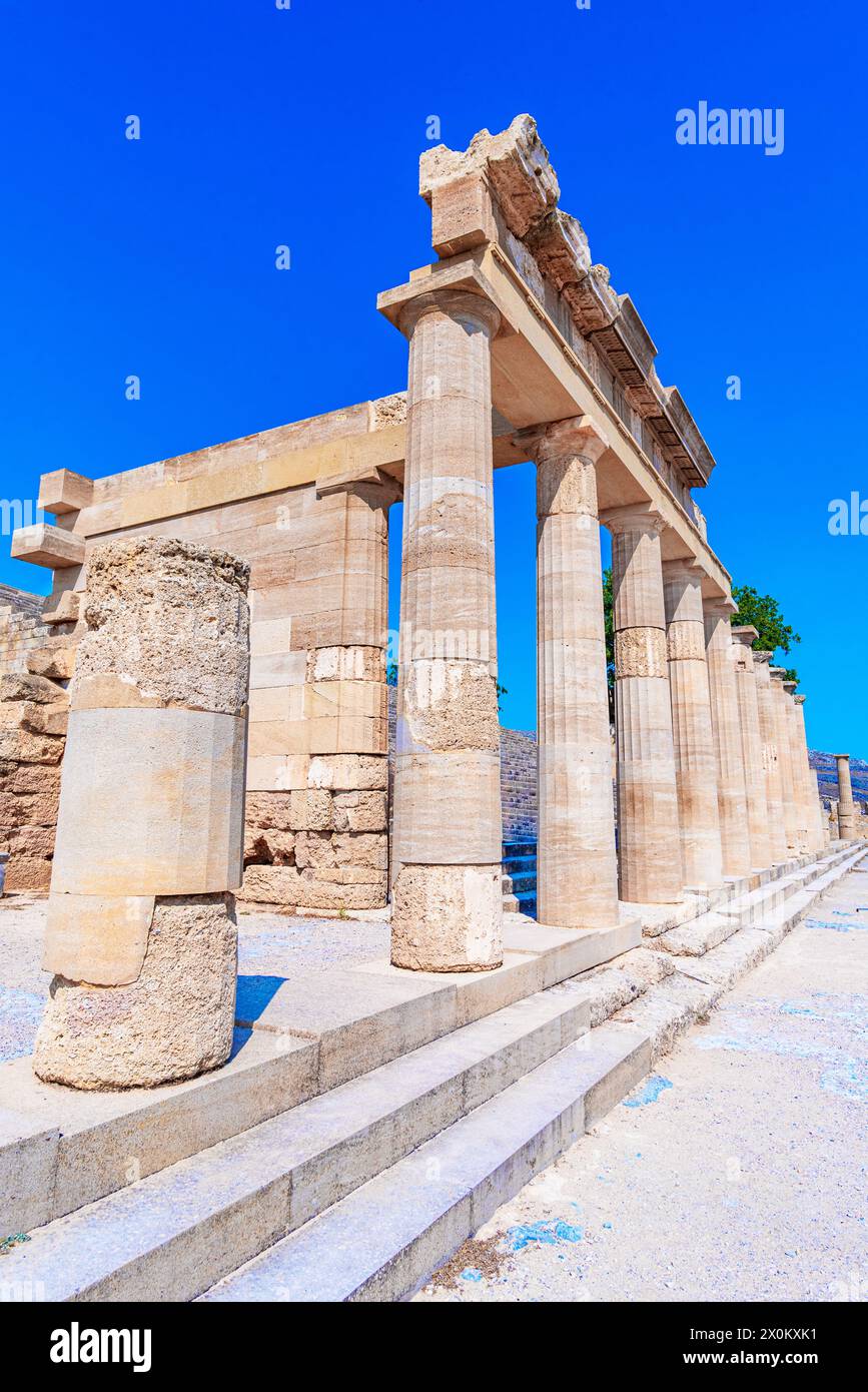 Lindos, Rhodes island: Overview of Temple of Athena Lindia in a sunny ...