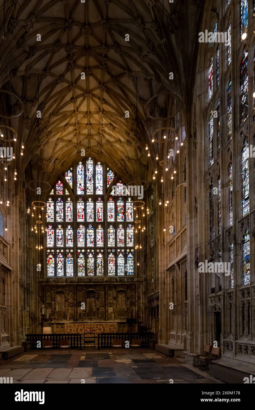 Inside Gloucester cathedral, stained glass and alter, England Stock ...