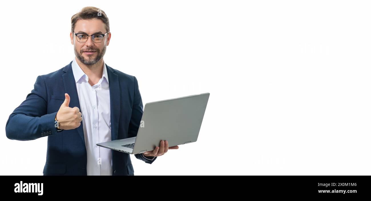 Hispanic man with thumbs up hold laptop. Businessman checking email on ...