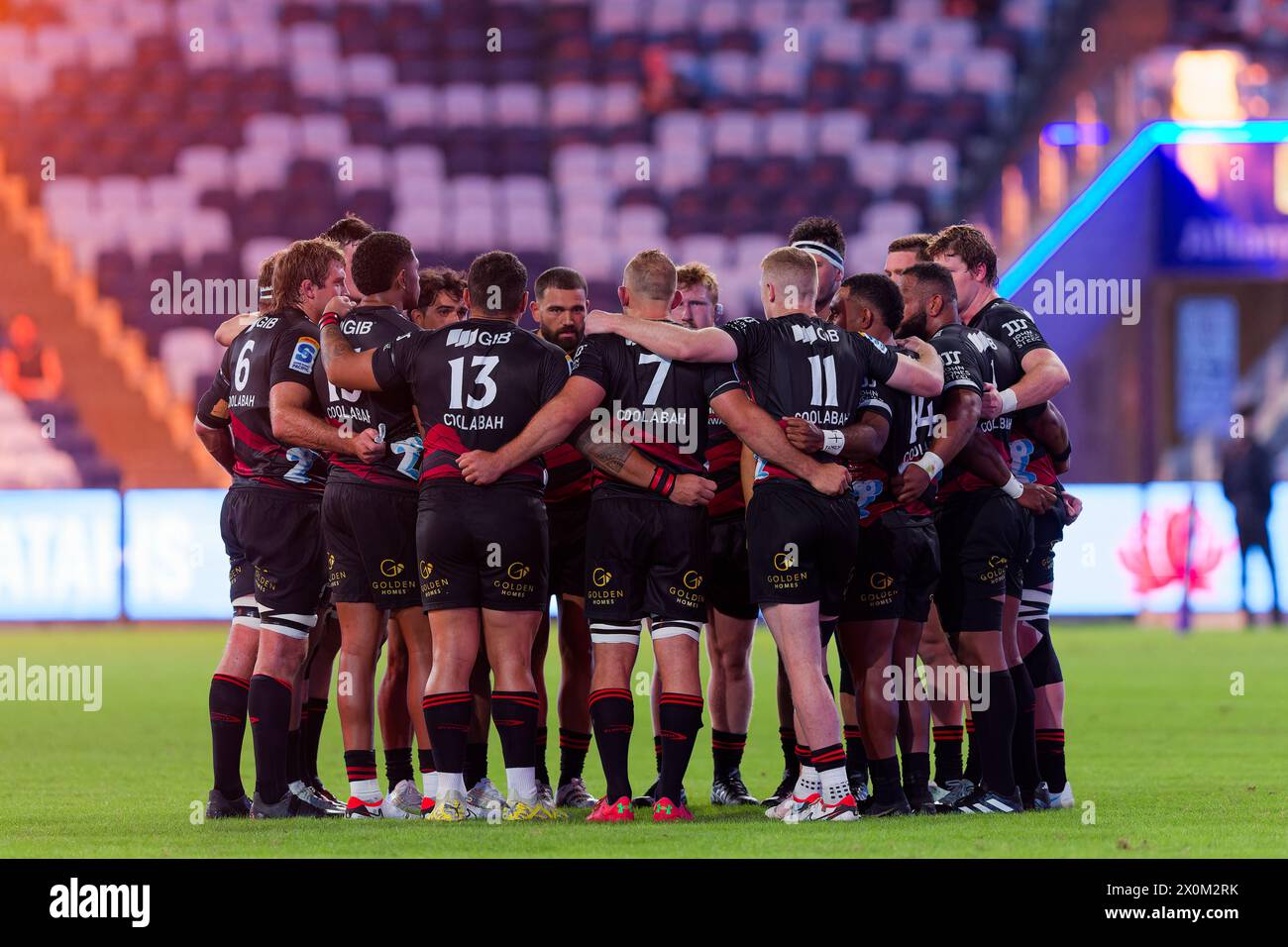 Sydney, Australia. 12th Apr, 2024. Crusaders players huddle together ...