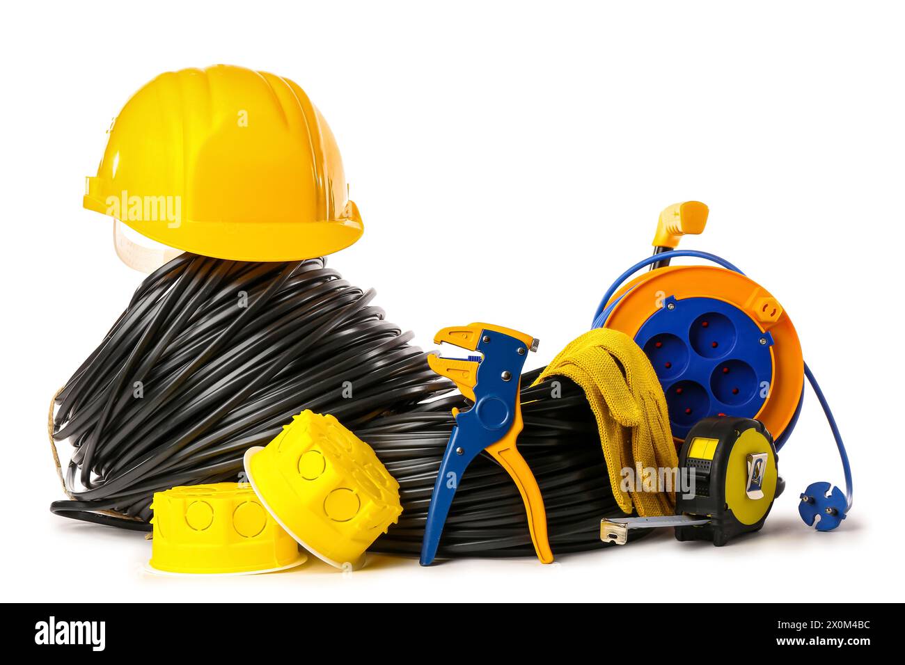 Rolled cables with electrician tools and electrical junction boxes on ...