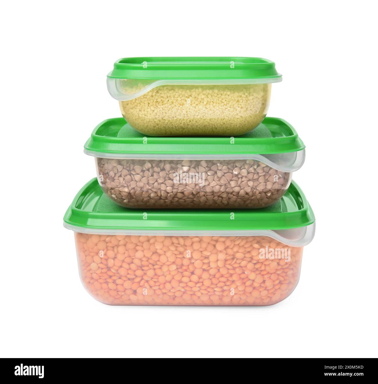 Plastic containers filled with food products isolated on white Stock ...
