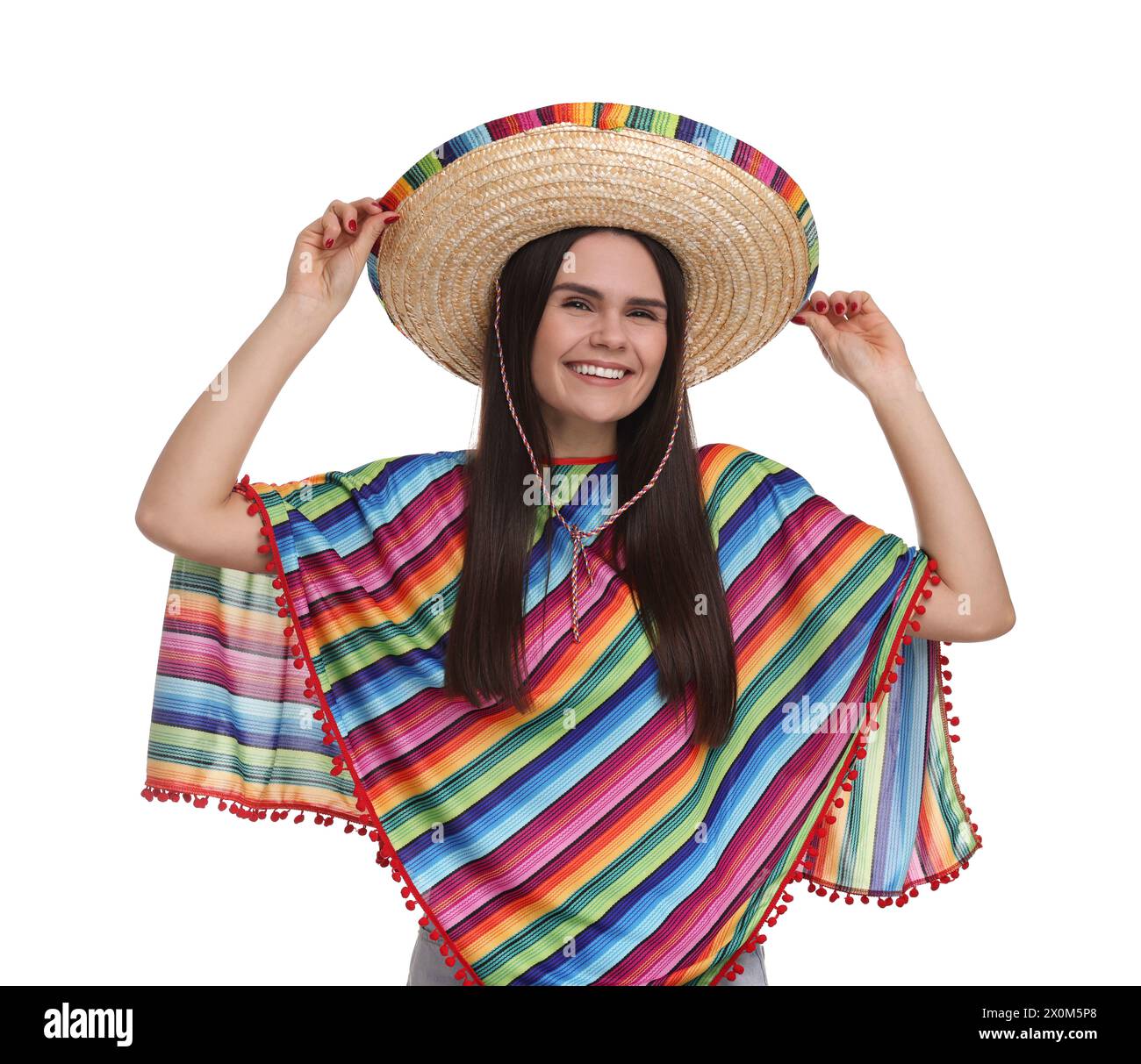 Young woman in Mexican sombrero hat and poncho on white background ...
