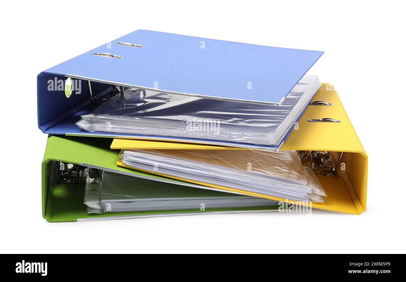 Many bright office folders isolated on white Stock Photo - Alamy