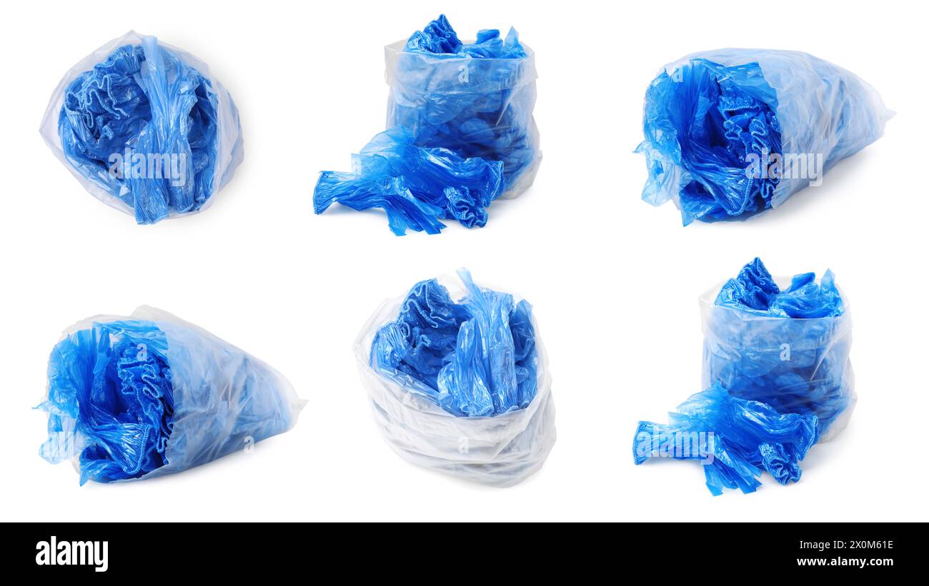 Blue medical shoe covers in packages isolated on white, set Stock Photo ...