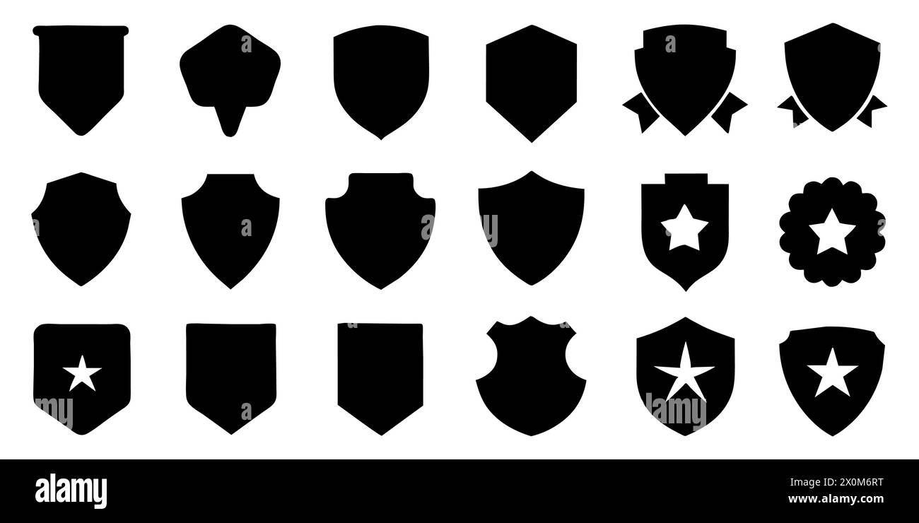 Fantastical lovely shield, badges vector art set. Flat black color ...