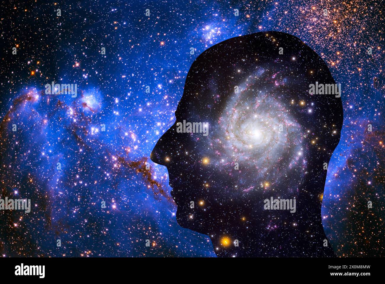 Cosmic mind. Conceptual illustration of a galaxy in a silhouetted human ...