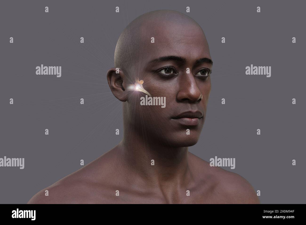 3D illustration of a man with an infection of the middle ear, known as ...