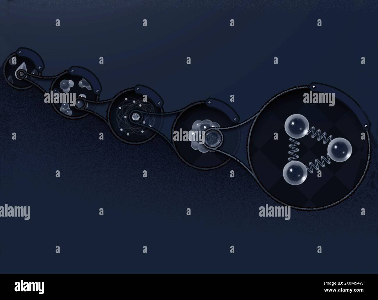 Illustration showing the composition of all matter. From left to right ...